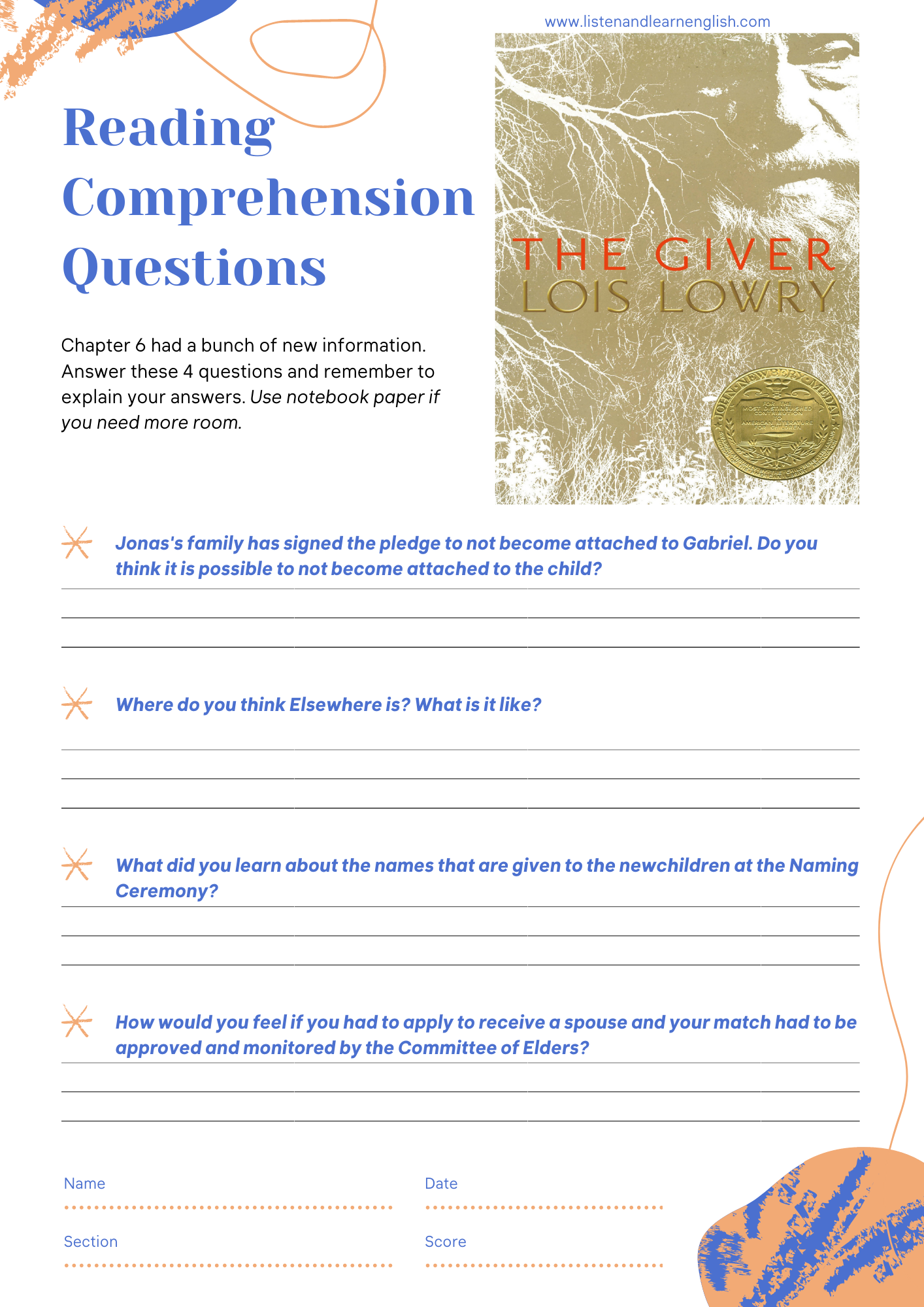 Reading For Fluency and Comprehension The Giver Chapter 6 Video and ...