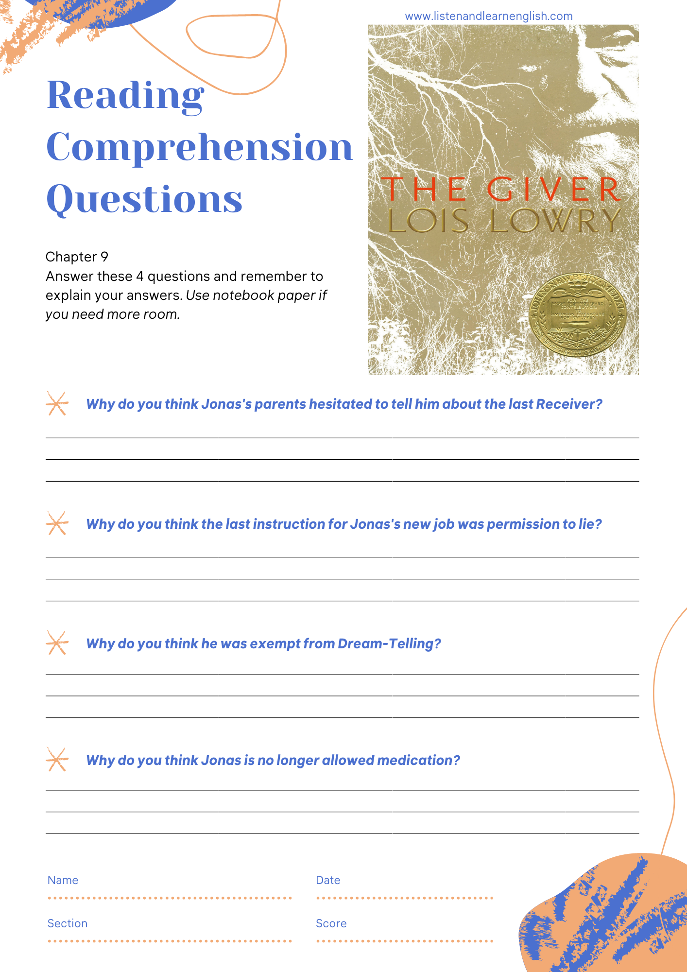The Giver Chapter 9 Reading Comprehension Video and Questions Worksheet ...