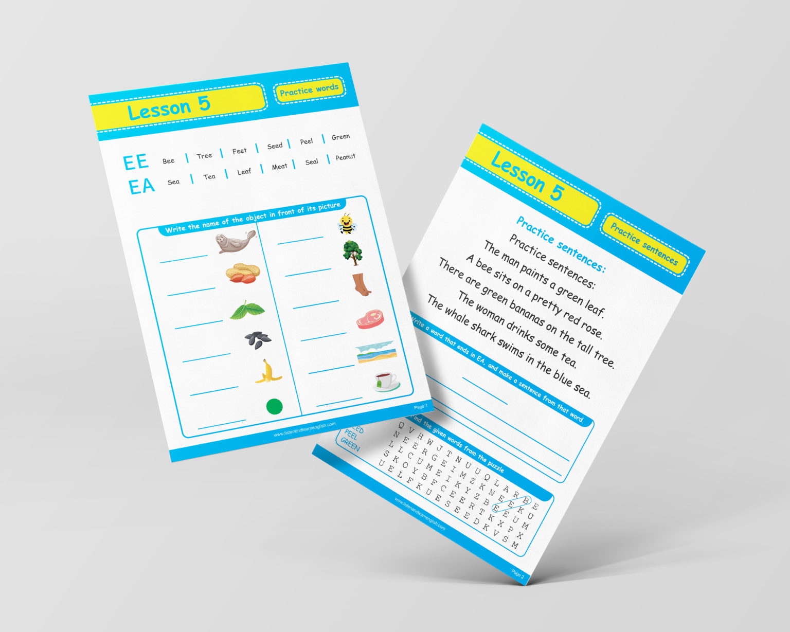 Phonics Worksheets Set Levels 1, 2, 3, 4, and 5 – Listen and Learn English